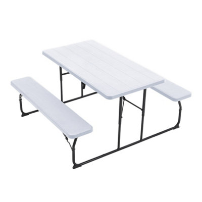 White Foldable Picnic Table Bench Set with Parasol Hole Portable ...