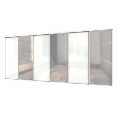 White Glass & Mirror 6-Door Sliding Wardrobe Door Kit, White Frame ...