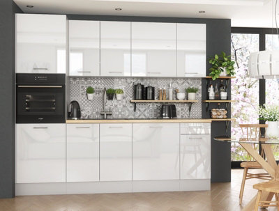 White Gloss Kitchen Cabinets Set 7 Units with Tall Oven Housing Soft ...