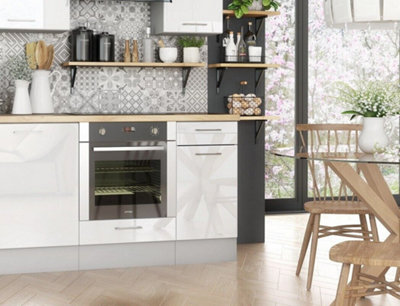 White Gloss Kitchen Set 8 Unit Modern Cabinets Soft Close Chrome Handles 240cm DIY Storage Ella