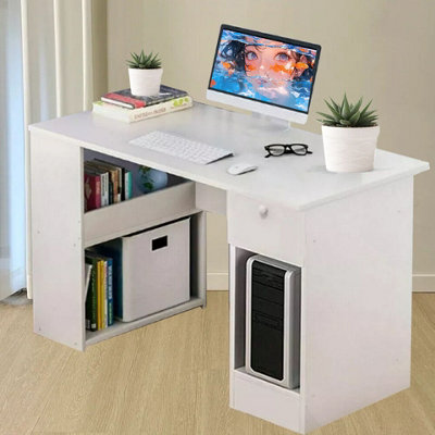 White H Shaped Gaming Computer Desk with Storage Shelves