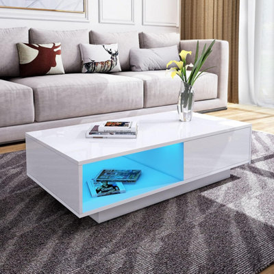 White High Gloss Coffee Table with Led Lights and Drawers