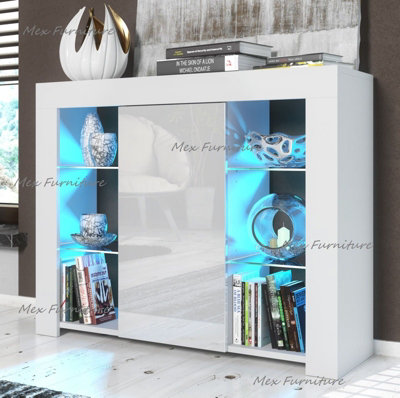 White High Gloss Sideboard With Glass Shelves and LED Lights