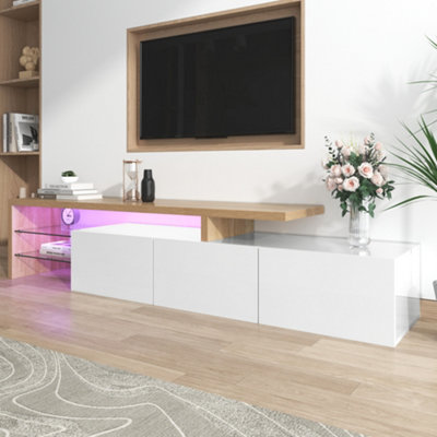 White High Gloss Wooden TV Stand TV Cabinet Unit with Large Storage and LED Lighting Glass