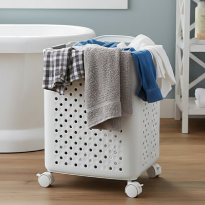 White Household Folding Laundry Hamper with Wheels