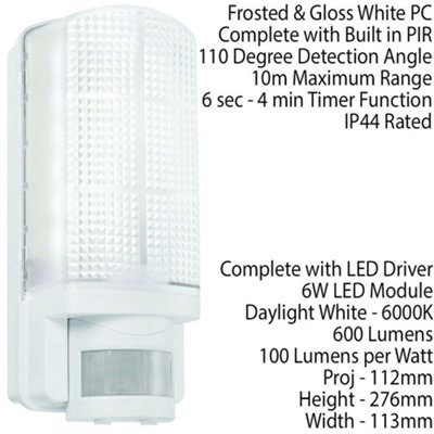WHITE IP44 Outdoor Wall Bulkhead Light & 10m PIR Motion Sensor 6W ...