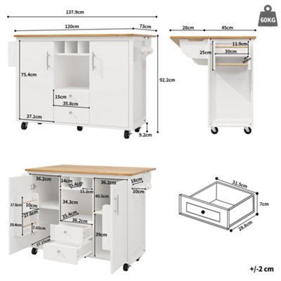 White Kitchen Island Trolley with Folding Worktop, Wine Rack & Storage