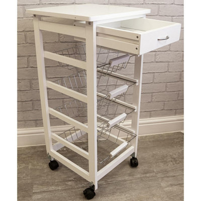 White Kitchen Storage Trolley Cart with Countertop, Drawer, 4 Pull-Out ...