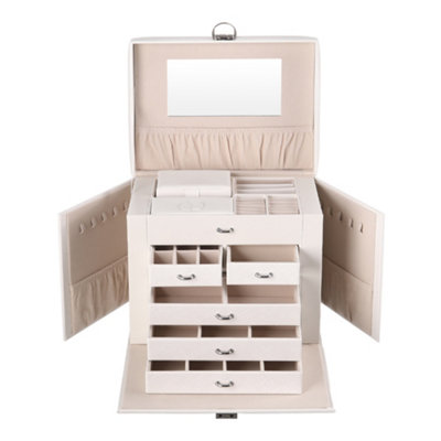 White Large Multi Tier Faux Leather Jewellery Storage Box with Handle ...