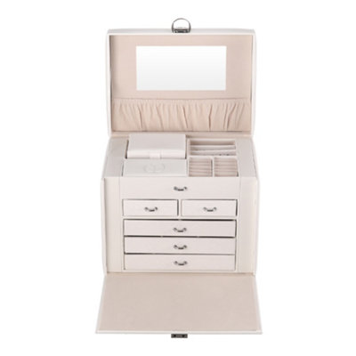 White Large Multi Tier Faux Leather Jewellery Storage Box with Handle ...