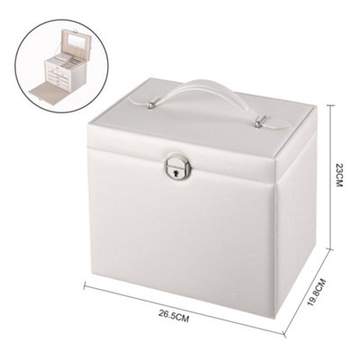 White Large Multi Tier Faux Leather Jewellery Storage Box with Handle ...