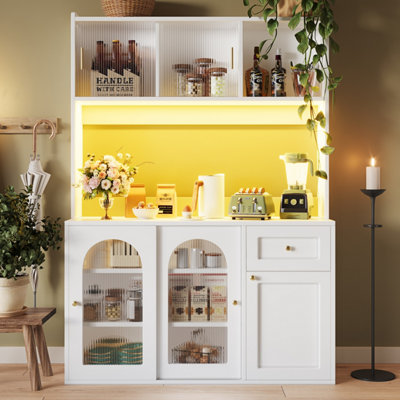 White LED Tall Sideboard Cabinet with Adjustable Shelves & Glass Doors ...