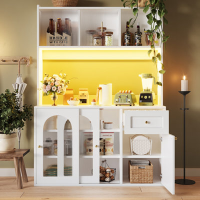 White LED Tall Sideboard Cabinet with Adjustable Shelves & Glass Doors ...