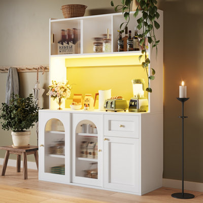 White LED Tall Sideboard Cabinet with Adjustable Shelves & Glass Doors ...