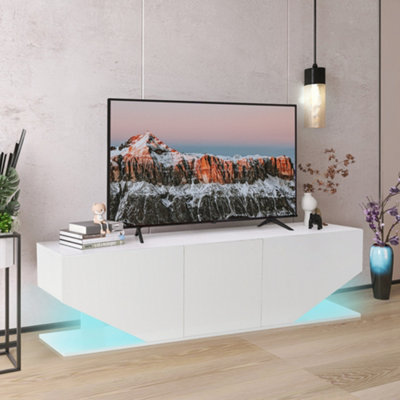 White LED TV Cabinet with Storage and Remote Control