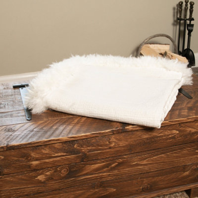 White Linen Blanket Sheepskin Trim 140x180cm | DIY at B&Q