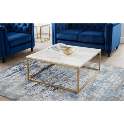 White Marble Top Square Coffee Table with Gold Framing