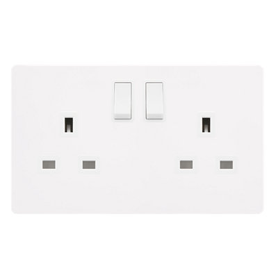 White Metal Screwless Plate 2 Gang 13A DP Twin Double Switched Plug ...