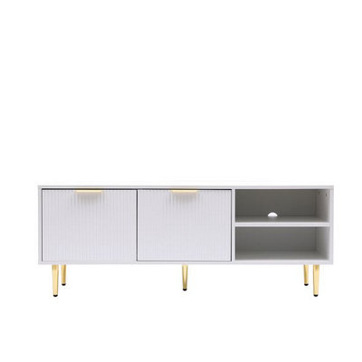 White MMT TV Stand, TV Stand Cabinet with Fluted Ribbed Gloss Doors and ...