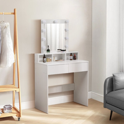 White Modern Makeup Desk Set with LED Light Mirror and 2 Drawers