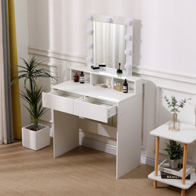 White Modern Makeup Desk Set with LED Light Mirror and 2 Drawers