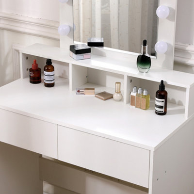White Modern Makeup Desk Set with LED Light Mirror and 2 Drawers