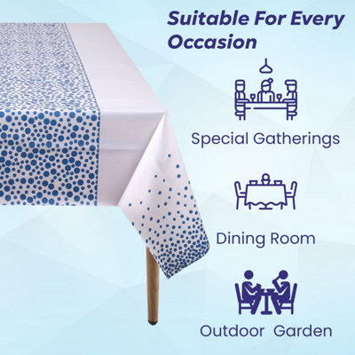 White Plastic Tablecloth, Sky Blue Polka Dot Printed Waterproof Table ...
