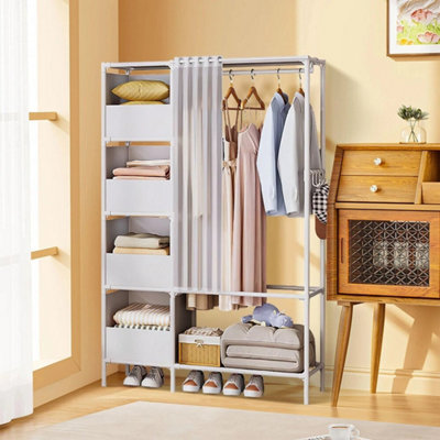 White Portable Wardrobe Closet with Doors - Foldable Steel Frame