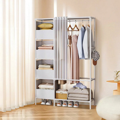 White Portable Wardrobe Closet with Doors - Foldable Steel Frame