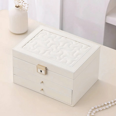 White PU Leather Jewellery Box with Mechanism Key Lock and 2 Drawers 13 ...