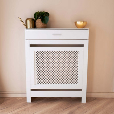 White Radiator Cover with Storage Draw Lattice Diamond Small