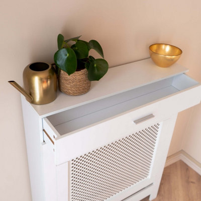White Radiator Cover with Storage Draw Lattice Diamond Small