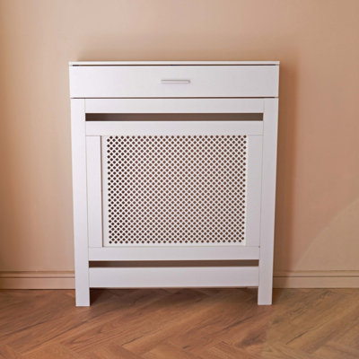 White Radiator Cover with Storage Draw Lattice Diamond Small