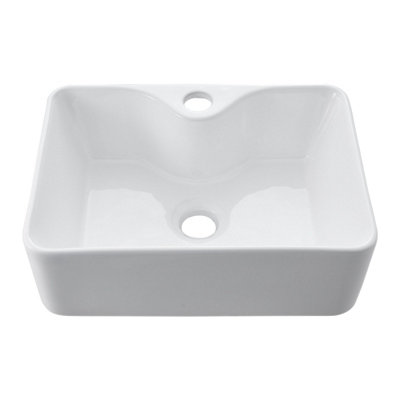 WHITE RECTANGULAR CERAMIC COUNTERTOP BASIN WITH CENTRAL DRAIN SET