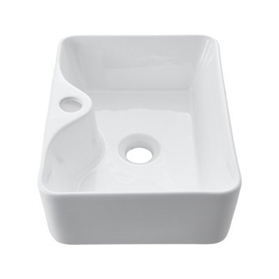 WHITE RECTANGULAR CERAMIC COUNTERTOP BASIN WITH CENTRAL DRAIN SET