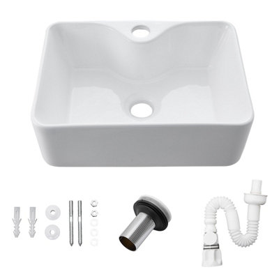 White Rectangular Ceramic Countertop Basin with Central Drain Set