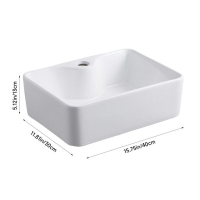 WHITE RECTANGULAR CERAMIC COUNTERTOP BASIN WITH CENTRAL DRAIN SET