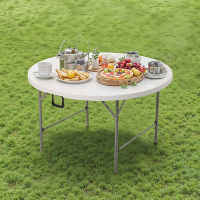 White Round Folding Portable Dining Table with Handle