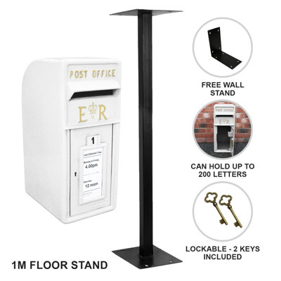 White Royal Mail Post Box with Floor Stand ER Cast Iron Wall Mounted Wedding Authentic Pillar ...