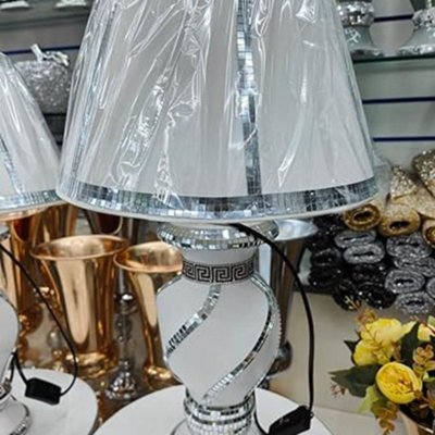 White Silver Glitter Mirrored Table Lamp with Shade Spiral Design