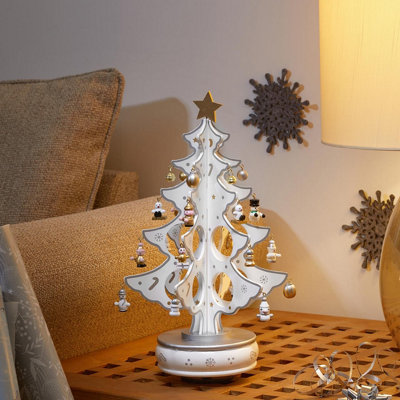 White & Silver Musical Spinning Tree Ornament - Wooden Festive ...