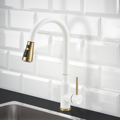 White Stainless Steel Side Lever Kitchen Spring Neck Pull Out Kitchen ...