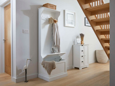 White Tall Hallway Unit with Storage Compartment 4 Double Coat Hooks