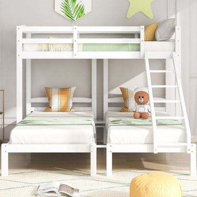 White Triple Sleeper Bunk Bed with Side Ladder, Solid Pine Wood - Space ...
