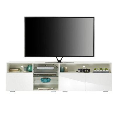 White TV Stand Cabinet 200cm with LED Lights, Storage Shelves SoundBar ...