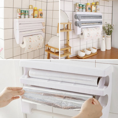 White Wall Mounted Cling Film Dispenser with Cutter Kitchen Paper Roll ...
