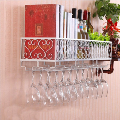 White Wall Mounted Wine Rack with Glass Cups Holder W 80 cm x D 20 cm x ...
