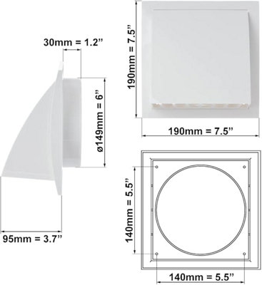 White Wall Outlet Duct Cowl 190mm x 190mm / 150mm