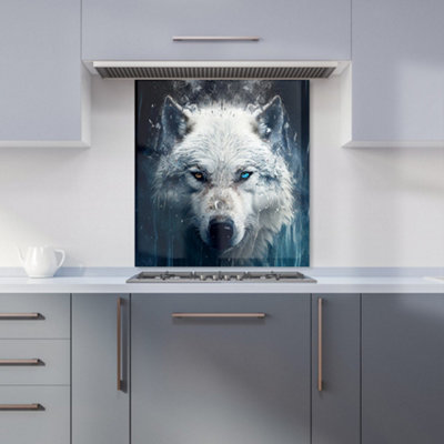 White Wolf Face Splashart Premium Glass Kitchen Splashback W600mm x H600mm