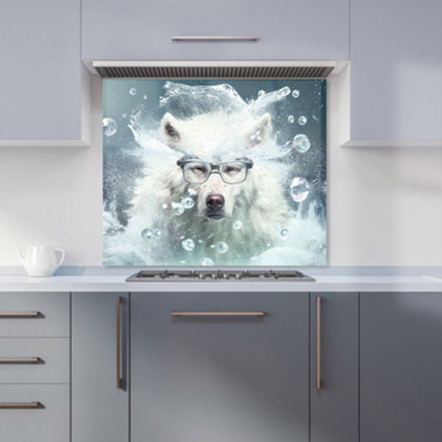 White Wolf With Glasses Splashart Premium Glass Kitchen Splashback ...